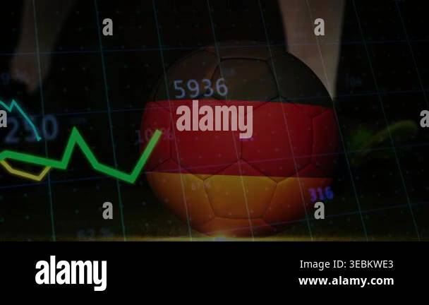 German-flag ball on grid, charts moving, cleated foot kicking ball ...