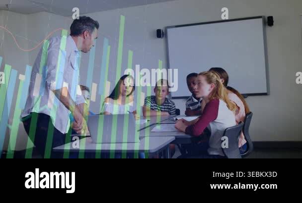 Teacher opening laptop in school, showing data overlay, explaining ...