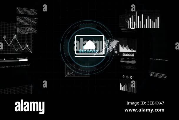 Cloud-in-laptop icon expanding, central teal hub pulsing while charts ...