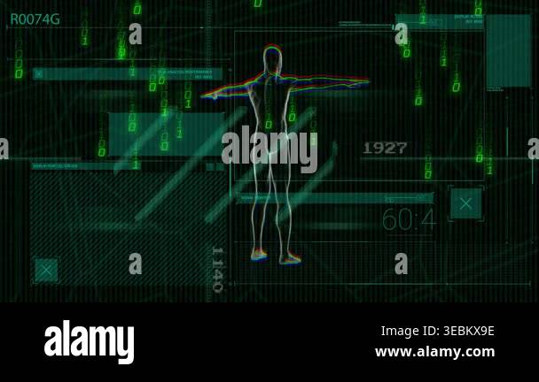 Wireframe silhouette undergoing HUD diagnostic scan on data pulse ...