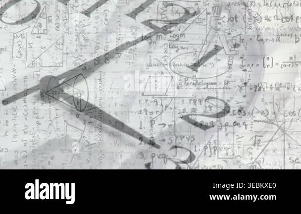 Sequence starting, clock hands rotating clockwise over math notes ...