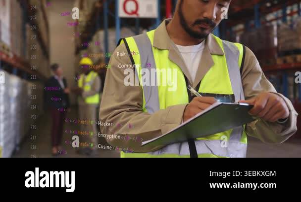 Warehouse worker checking clipboard, scanning QR badge while code ...