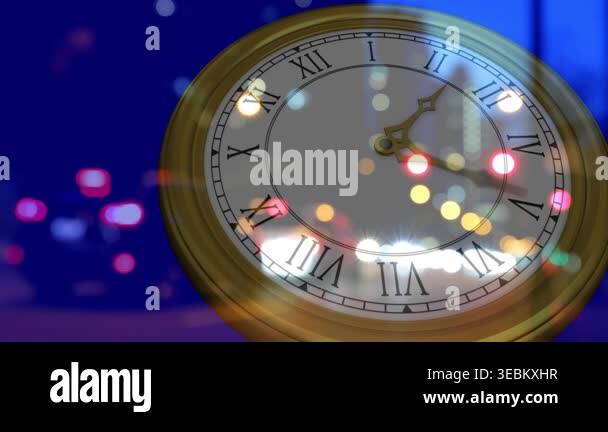 Traffic passing causing bokeh flickering, ornate clock hands rotating ...