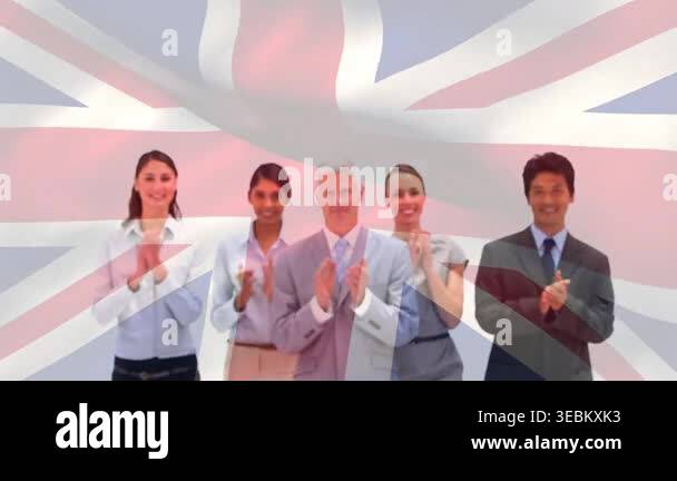 Five business pros clapping after presentation, UK flag overlaying ...