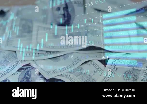 Blue overlays appearing, USD bills refracting under prism, charts ...