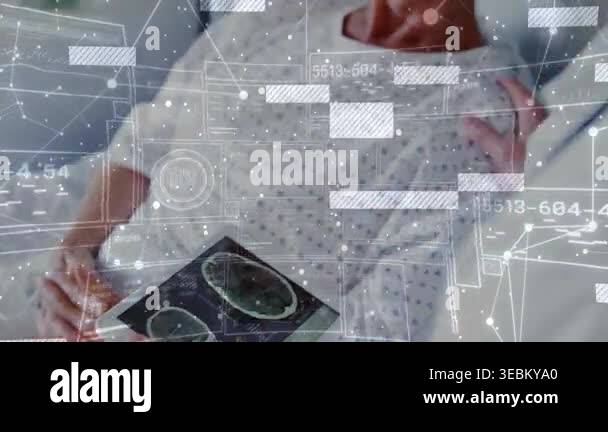 Doctor presenting tablet showing brain scans for diagnosis while HUD ...
