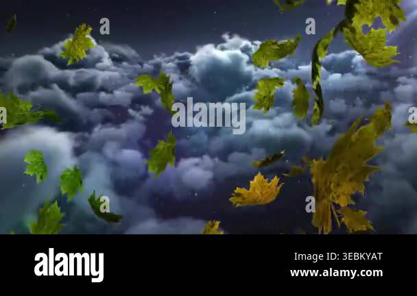 Animation of green leaves blowing over storm clouds in night sky ...