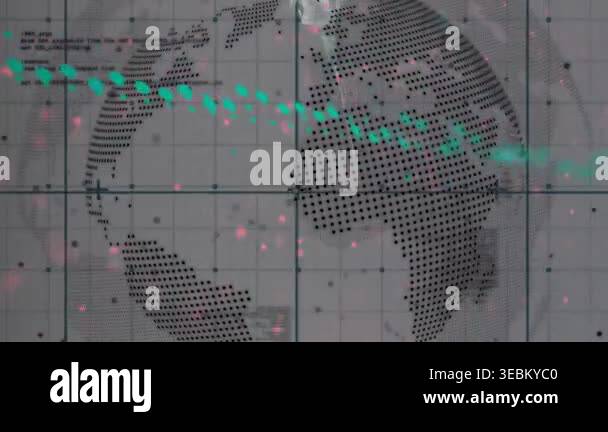 Animation of graphs, globe, dna and data processing on grey background ...