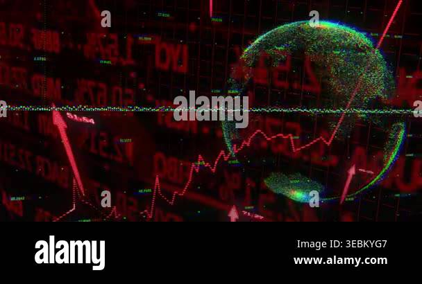 Data pulse initiating globe emerging and red chart rising, arrows ...