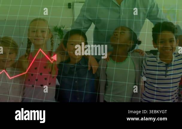 Animation of graph and grid pattern over diverse male teacher and ...