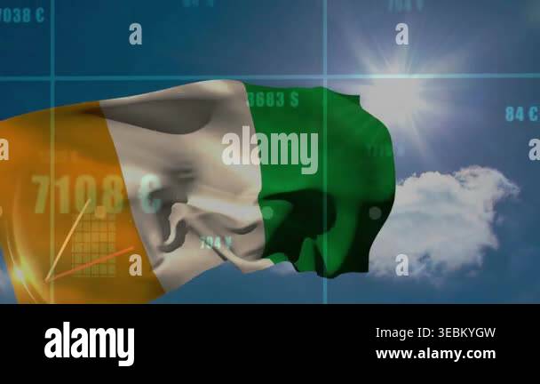 Breeze starting tricolor flag rippling as charts rising, lines tracing ...