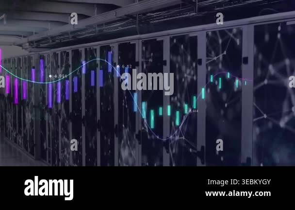 Animation of diagrams and data processing over server room. Global ...