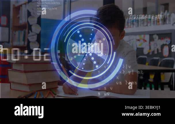 Timer starting while boy writing in classroom, HUD pulsing, boy raising ...