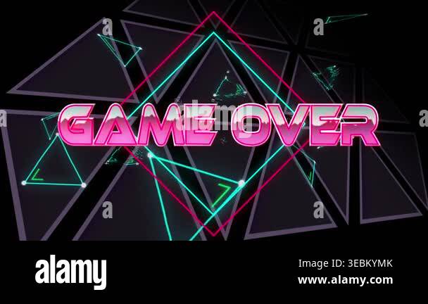 Animation of game over text over geometrical shapes on dark background ...