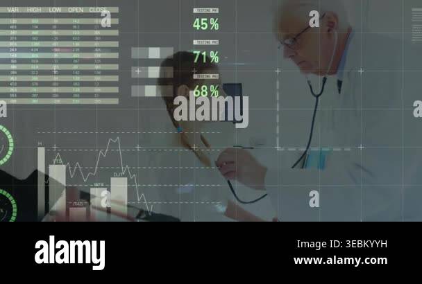 Animation of data processing over caucasian male doctor treating ...