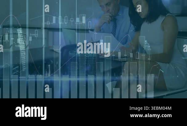 Analyzing financial data, business professionals with stock market ...
