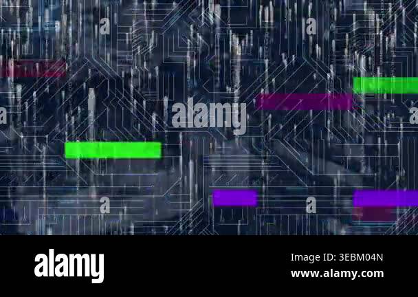 Animation of flickering rectangles over computer circuit board. Global ...
