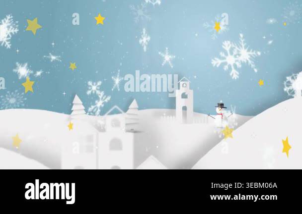 Happy Holidays text over winter scene with snowflakes, stars, and ...