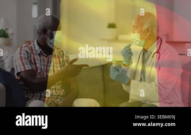 Man gesturing doctor preparing syringe to vaccinate on couch with faint ...
