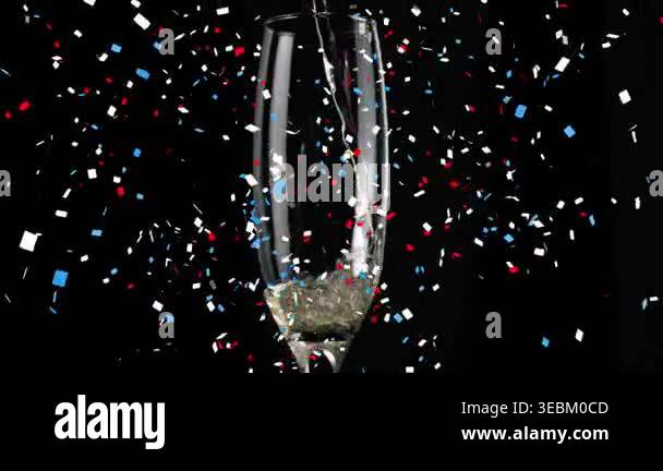 Animation of confetti falling over glass of champagne. Party ...