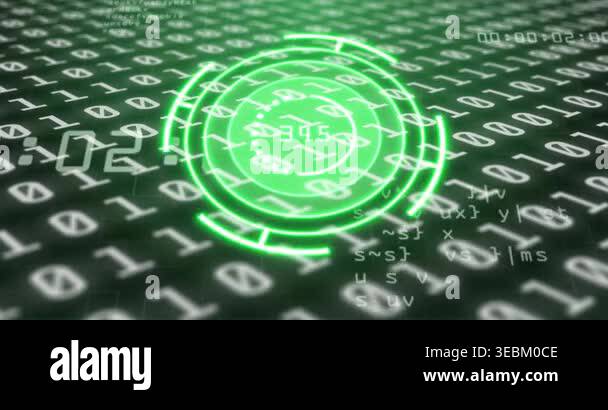 HUD appearing over binary grid, rings rotating readout updating glyphs ...