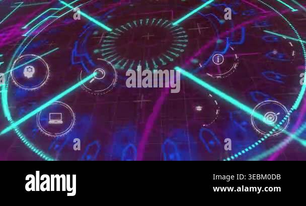 Hologram hub emitting cyan beams over magenta grid, pulsing, revealing ...