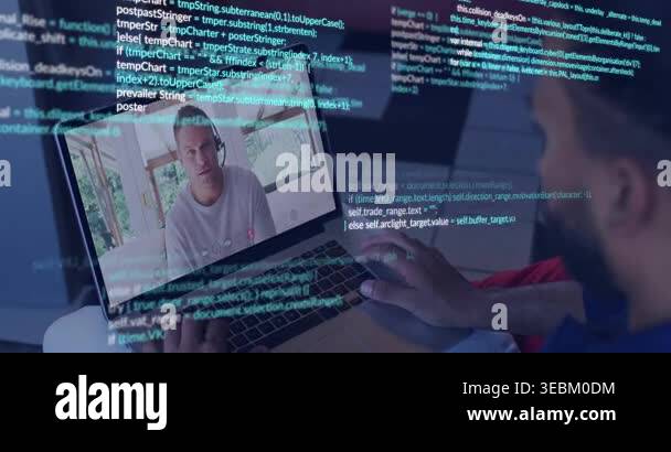 Man moving hands on laptop in call, code overlay scrolling, obscuring ...