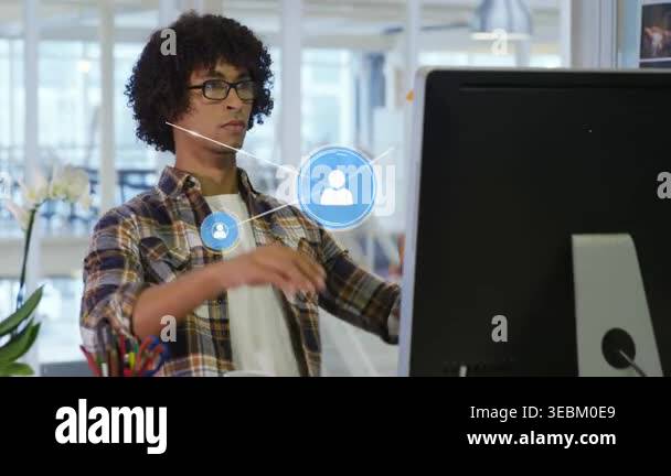 Male office worker reacting to data icon, interacting with expanding ...