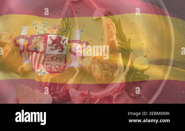 Spanish flag overlay appearing and waving skillet food shifting and ...