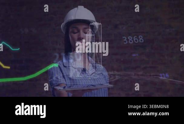 Woman holding pad watching wireframe forming 3D building over it while ...