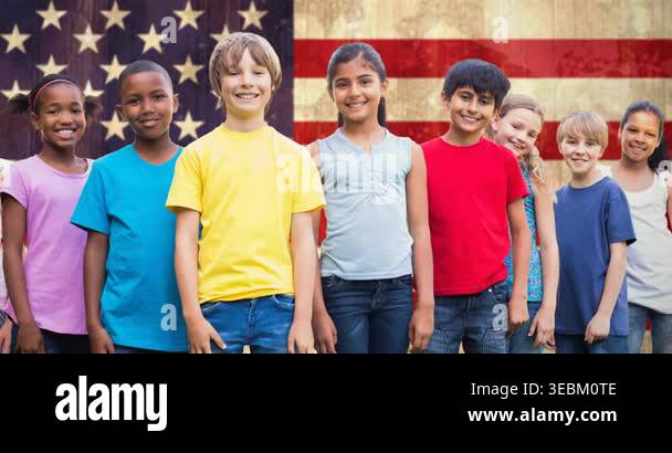 Animation of diverse group of students smiling over american flag ...