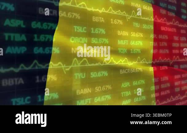 Belgian flag rippling while data overlay fading in, tickers and charts ...
