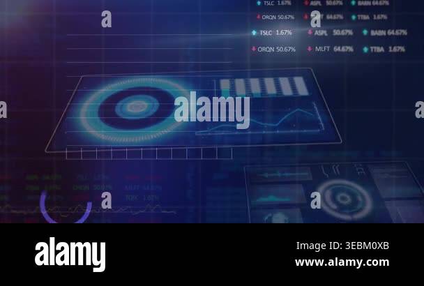 Holographic data dashboard animating on ticker update, panels shifting ...