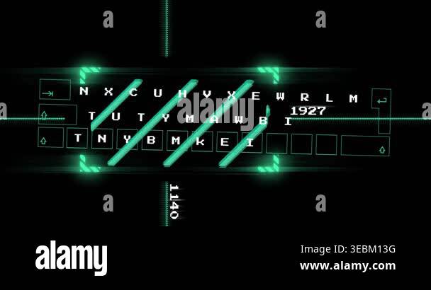 Digital keyboard with glowing letters and numbers over green futuristic ...