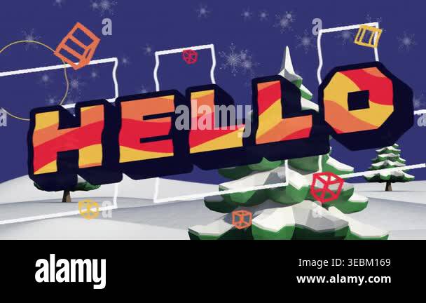 Animation of hello text over snow falling. Social media, christmas and ...