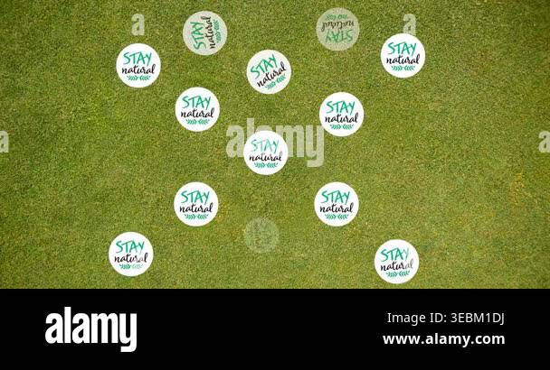 Animation of stay natural text over plants and grass. global ...