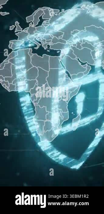 Vertical video: Cyan streaks starting, Africa map fading, shield ...