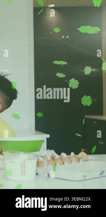 Vertical video: Green clover AR starting, passing face near bowl, boy ...