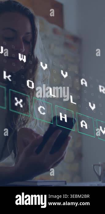 Vertical video: Woman tapping cell at table as tech keyboard forming ...