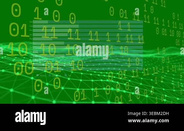 Animation of data processing and wave over green background. Global ...