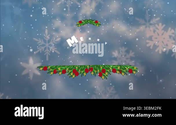 Animation of snow falling over merry christmas text banner against blue ...