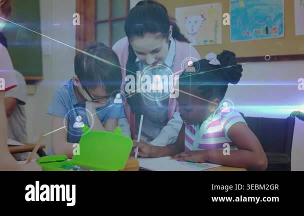 Animation of network of profile icons over caucasian female teacher and ...