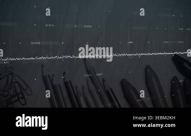 Animation of financial data processing over pencils and crayons. Global ...