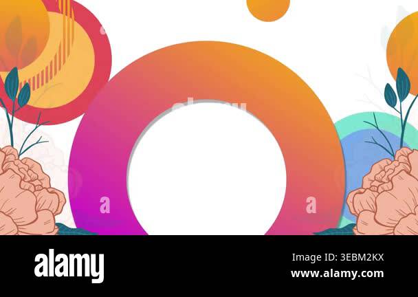 Animation of pink flowers over colourful shapes on white background ...