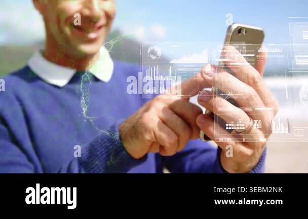 Mature man tapping phone at beach, activating tech HUD with maps and ...