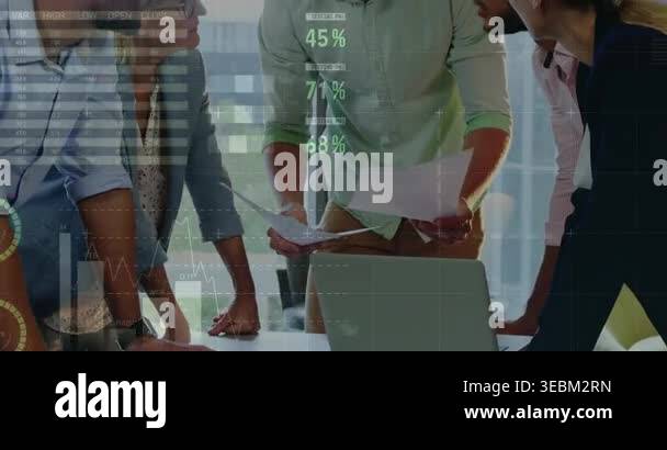 Animation of data processing over diverse business people discussing ...