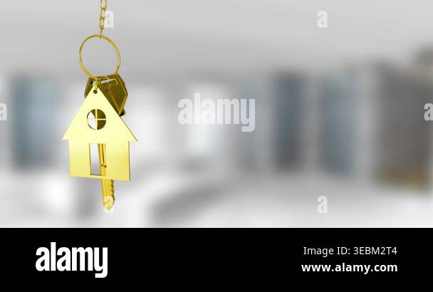 Animation of golden house keys hanging against blurred background with ...