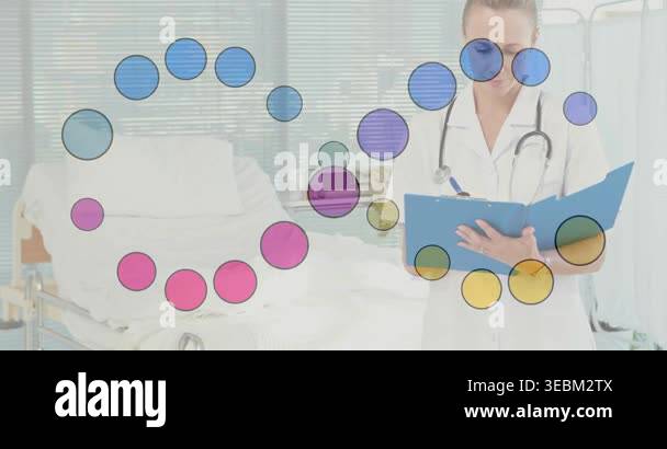 Colorful circles animation over doctor reviewing patient chart in ...