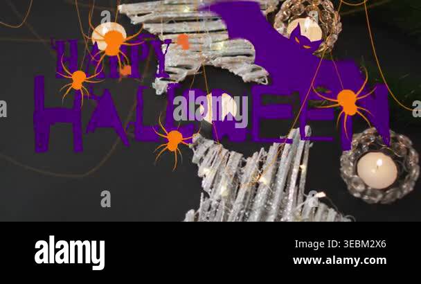 Animation of happy halloween text over decorations. Halloween and ...