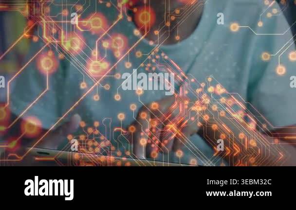 Animation of computer circuit board over goy using tablet. Global ...